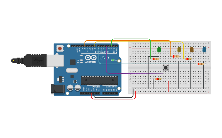 Circuit design Multiple LED on off with push button | Tinkercad