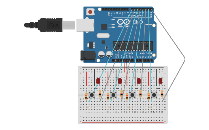 Circuit design 4 butons to 4 LEDs - Tinkercad