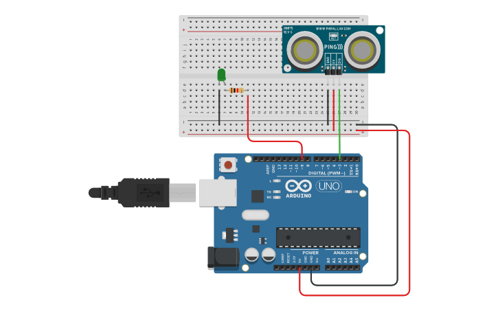 Circuit design Ultrasonic Sensor with LED - Tinkercad