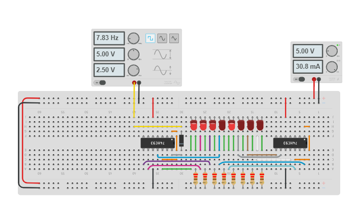 Circuit design 8 bit counter with 74HC93 v2.0 | Tinkercad