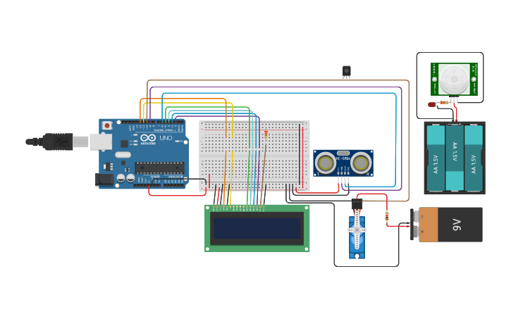 Circuit design LCD - ULTRASONICO - SERVOMOTOR | Tinkercad