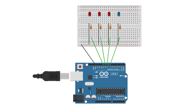 Circuit design 4bit counter led - Tinkercad