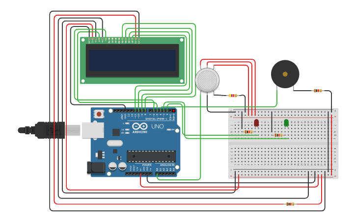 Circuit design Gas detecting alarm system - Tinkercad