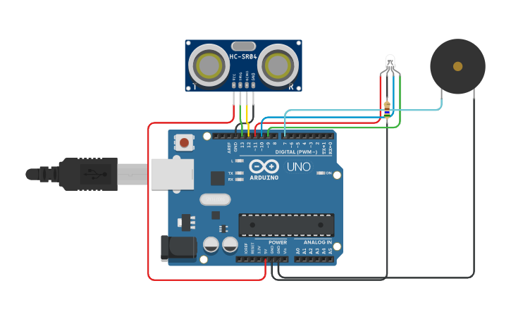 Circuit design ultrasonic sensor and multicolor led | Tinkercad