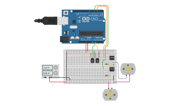 Circuit design Cooling fan (Two) with temperature readers | Tinkercad