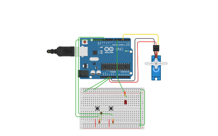 Circuit design Exercise 5.F Button Controlled Servo - Tinkercad