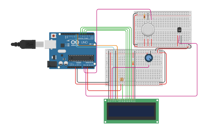 Circuit design Temperature Sensor and Gas Sensor - Tinkercad