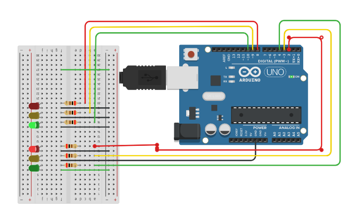 Circuit design Semáforos sincronizados - Tinkercad