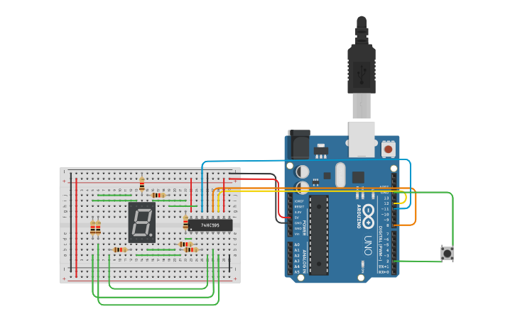 Circuit design HW 74595 with 7seg - Tinkercad