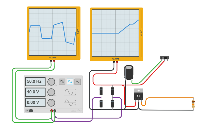 Circuit design Redressement filtrage régulation | Tinkercad