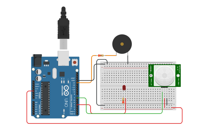 Circuit design Sensor PIR menggunakan Buzzer oleh Noor Saputri | Tinkercad