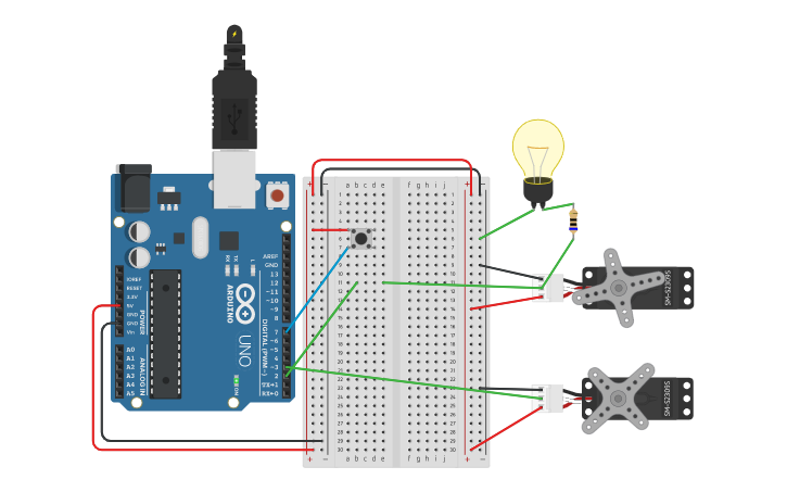 Circuit design 2 Servo + bouton | Tinkercad