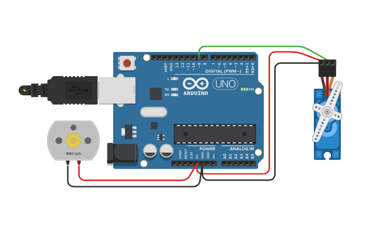 Circuit design Servomotor y motor | Tinkercad