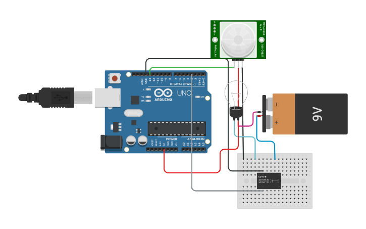 Circuit Design Pir Sensor Arduino Uno Relay Bulb And Battery Tinkercad 3050
