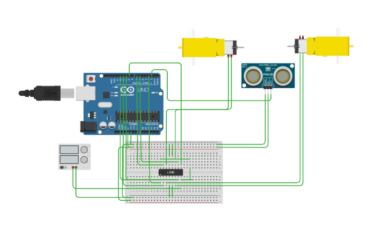 Circuit design Moving vehicle with obstacle avoiding - Tinkercad