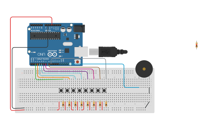 Circuit design Arduino Piano with buzzer | Tinkercad