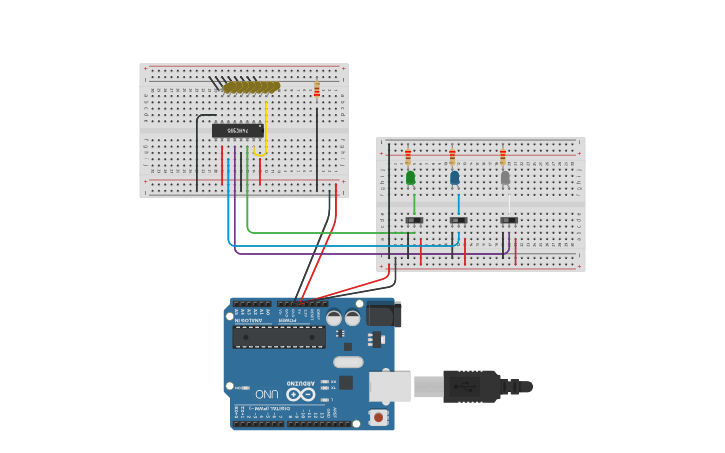 Circuit design Button-fed 595 Shift Register | Tinkercad