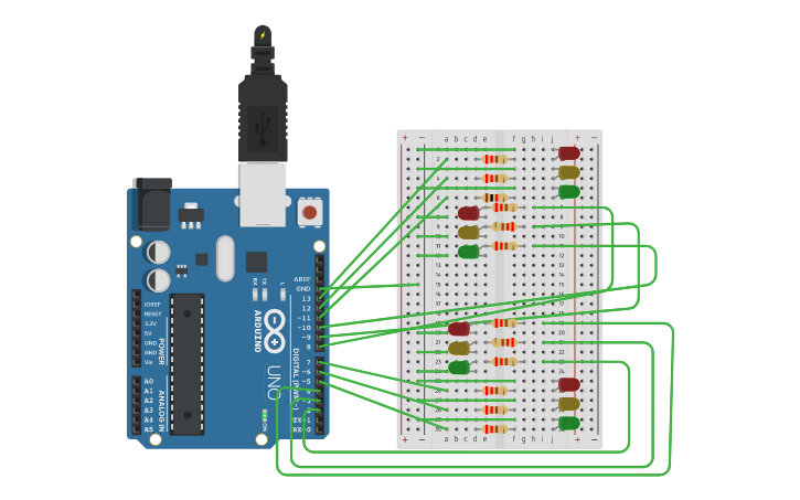 Circuit design arduino semaforos - Tinkercad