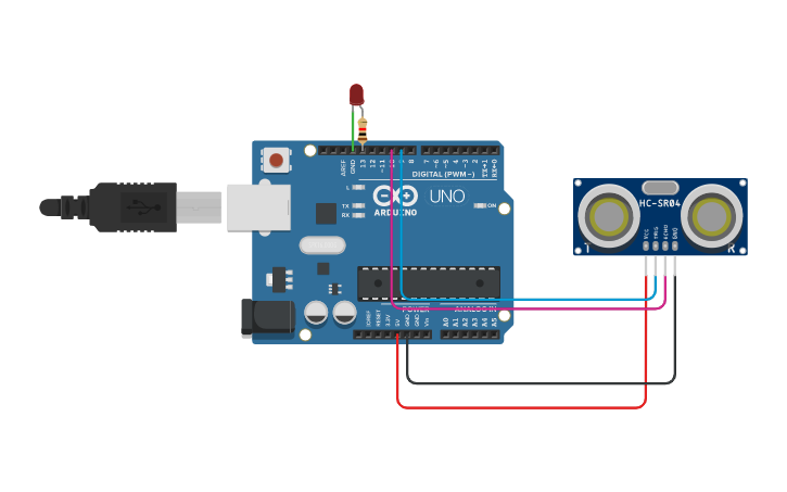 Circuit design Sensor Ultrasonik LED - Tinkercad Circuit design Sensor Ultrasonik LED - Tinkercad
