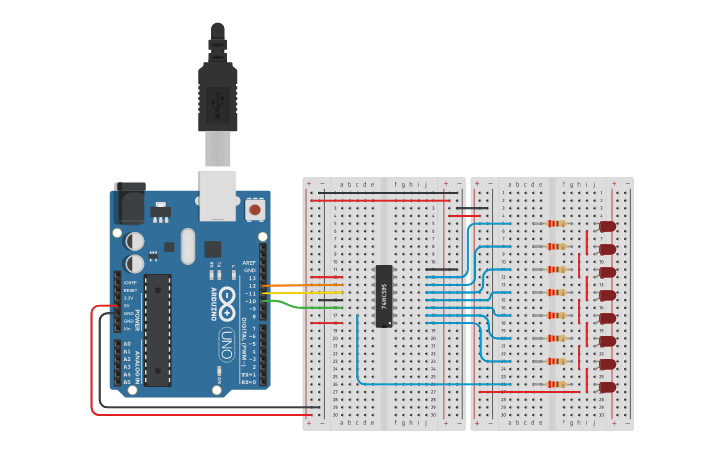 Circuit design 74HC595 - 1 | Tinkercad