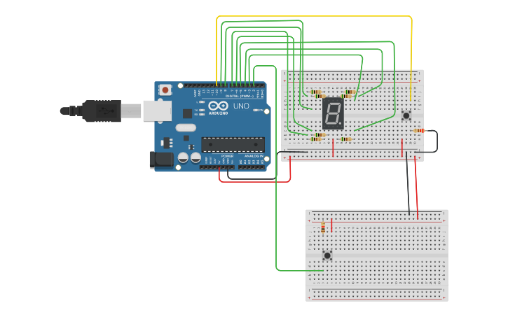 Circuit design Copy of counter using 7 segment display and pushbutton - Tinkercad