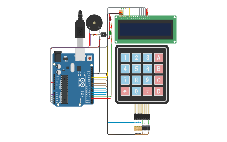 Circuit design AULA TECLADO MATRICIAL com LCD 16x2 - SENHA int - Tinkercad Circuit design AULA TECLADO MATRICIAL com LCD 16x2 - SENHA int - Tinkercad