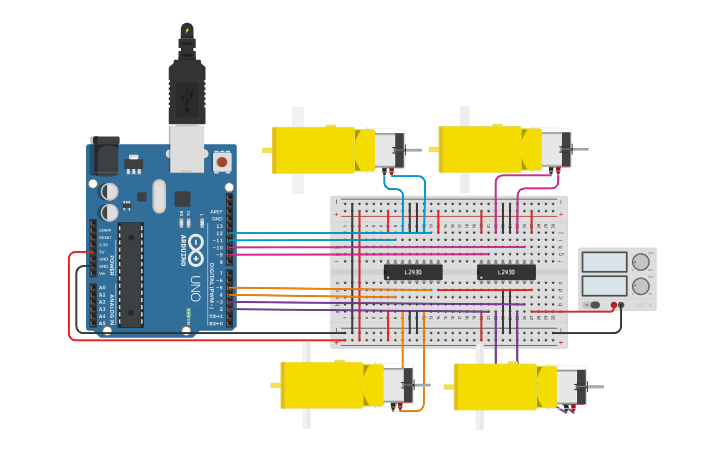 Circuit design 4 MOTORES A PUENTE H - Tinkercad