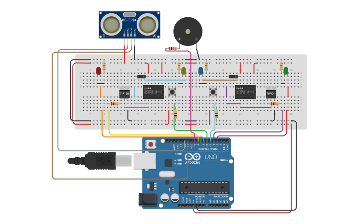 Circuit design Pneumatic System with UltraSonic and Buzzer. - Tinkercad
