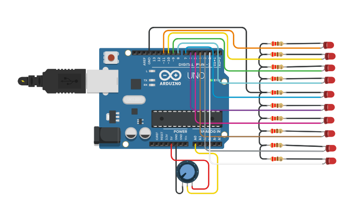 Circuit design tabla arduino con leds | Tinkercad