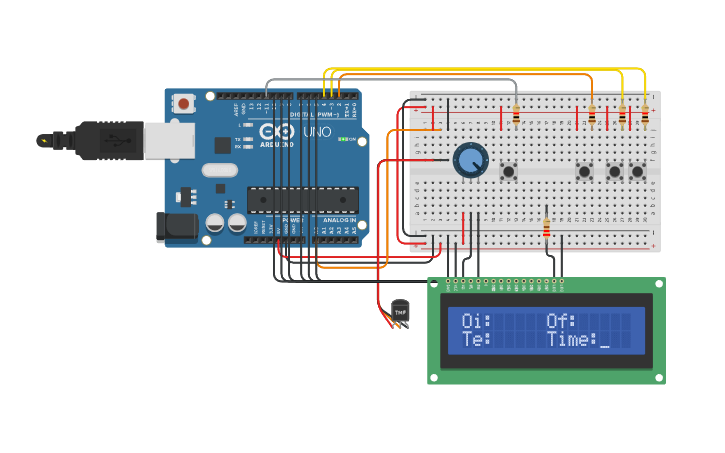 Circuit design Newton's law of Cooling using Arduino Uno, tmp36, LCD, & buttons - Tinkercad