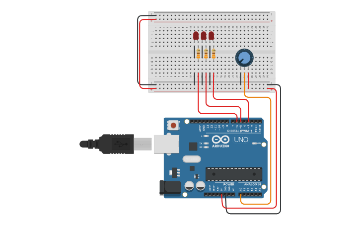 Circuit design Practica 20 PWM-potenciometro niveles 3 leds - Tinkercad Circuit design Practica 20 PWM-potenciometro niveles 3 leds - Tinkercad