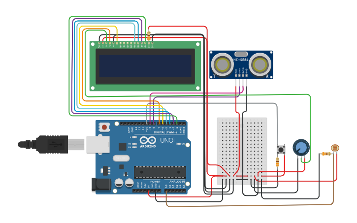 Circuit design Sensor Distancia, LDR y Pulsador con LCD 1602 - Tinkercad