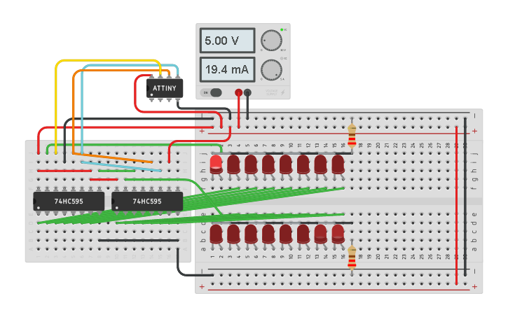 Circuit design Shift Register con Attiny, IC 74HC595 - Tinkercad