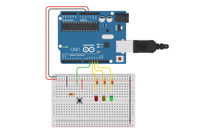 Circuit design P1 Semáforo con pulsador - Tinkercad