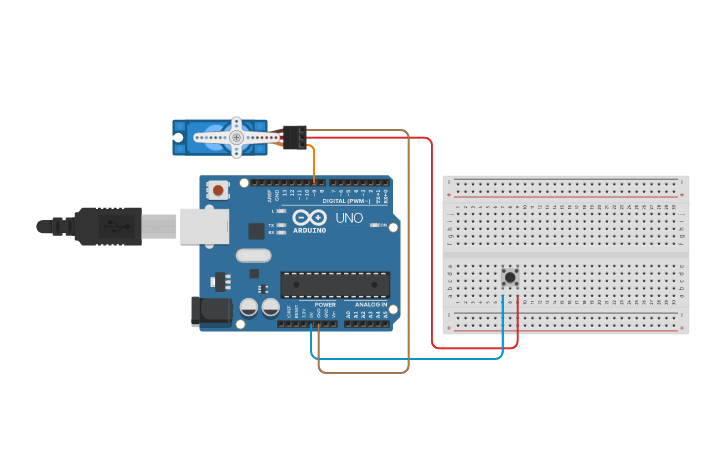 Circuit design Motor Servo dan Push Button - Tinkercad