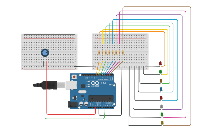 Circuit design LED chaser with Potentiometer - Tinkercad