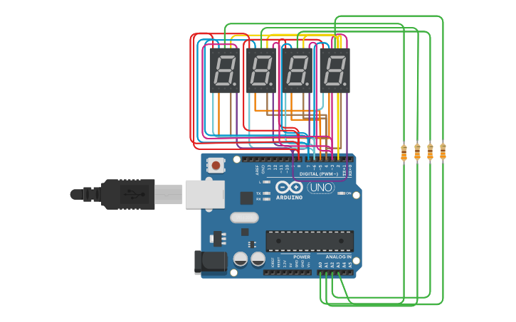 Circuit design Display 7 segmentos - contagem de 0 a 999 - Tinkercad