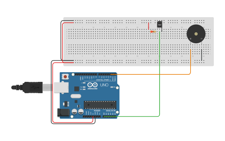 Circuit design Thermistor Sensor with Piezo - Tinkercad