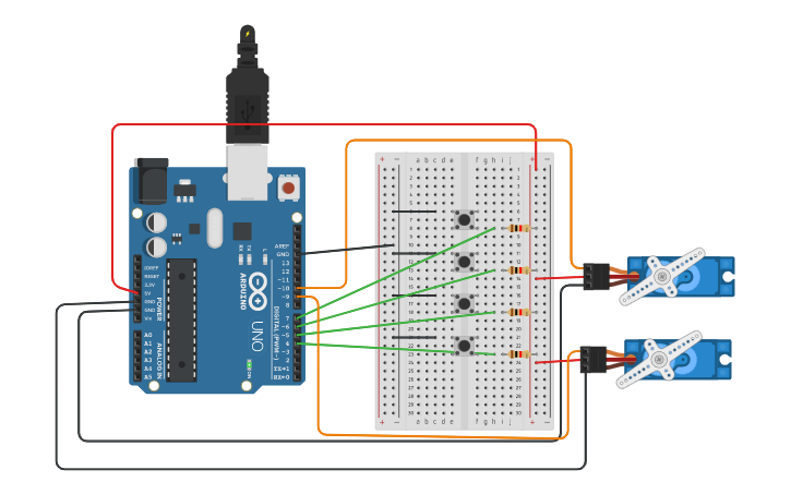 Circuit Design Servomotores Con Pulsador Tinkercad
