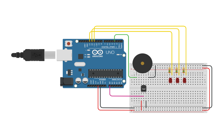 Circuit design Temperature sensor with alarm - Tinkercad
