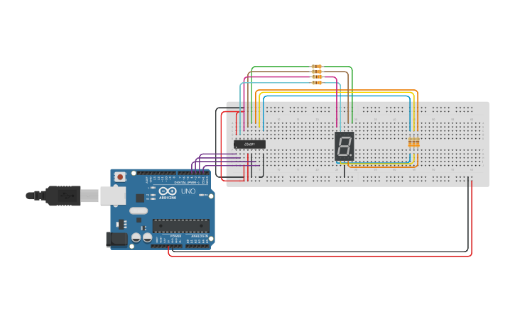 Circuit design 7 Segment display 1-9 counter - Tinkercad