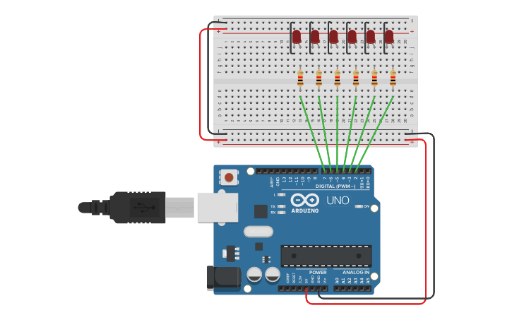 Circuit design 6 LED 6 RESISTOR - Tinkercad