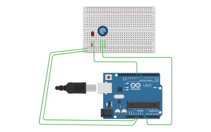 Circuit design LED-potentiometer-brightness - Tinkercad