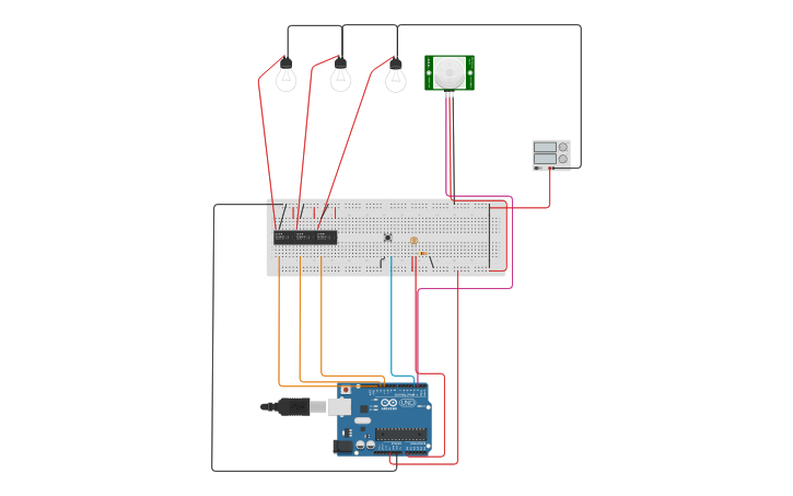 Circuit design lamp control - brightness (LDR), push button and movement (PIR) - Tinkercad