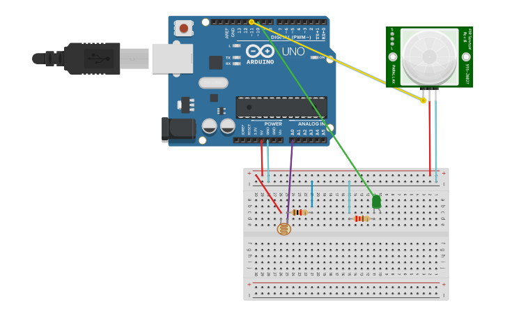 Circuit design Motion Sensing Light - Tinkercad