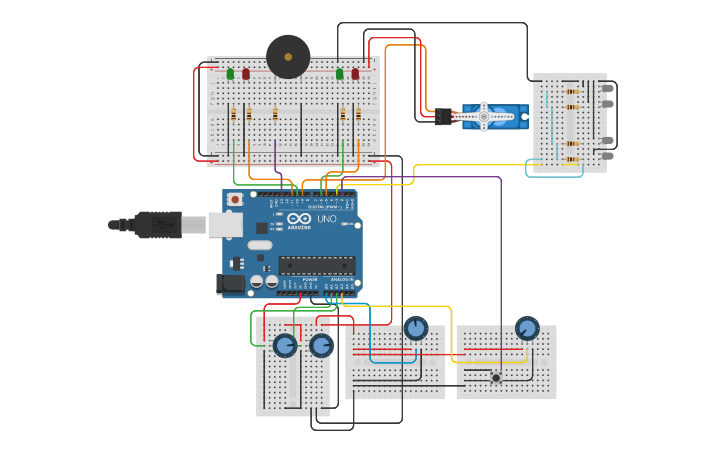 Circuit design Simulation Contrôle Robot éclairage graduel orientable et klaxon - Tinkercad