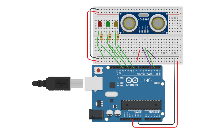 Circuit design Sensores y leds - Tinkercad