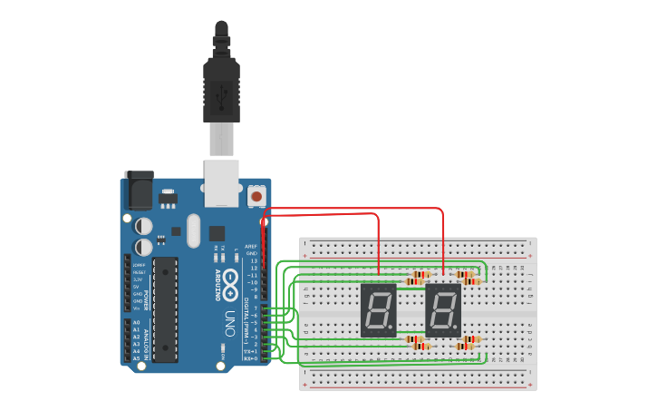 Circuit design 7 segment 2 digit - Tinkercad