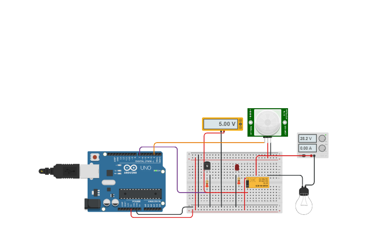 Circuit design Accensione lampada-relè | Tinkercad