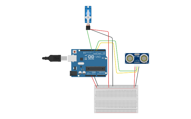 Circuit design Ultrasonic and Servo - Tinkercad